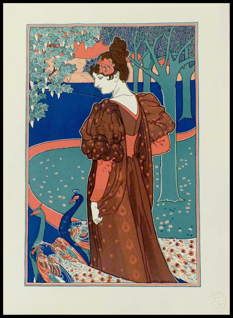 original lithography Louis RHEAD La femme au paon - Estampe Moderne ...